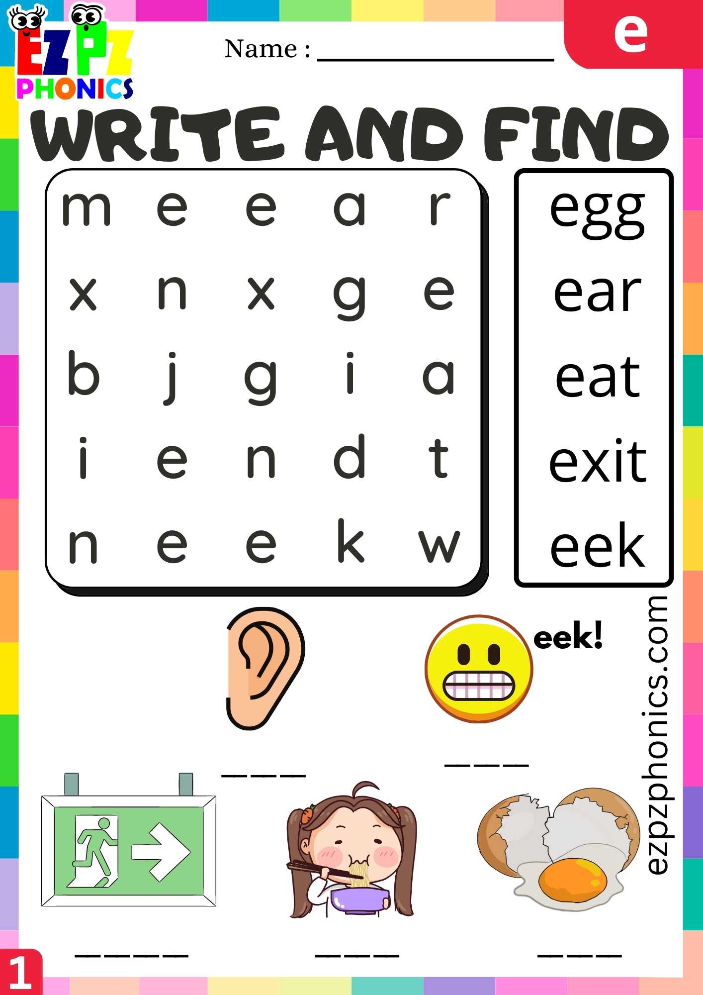 Letter E Write And Find Beginning Sounds Worksheet - ezpzphonics.com